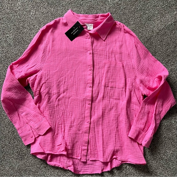 Tops | Nwt Hot Pink Gauze Button Down Shirt | Poshmark
